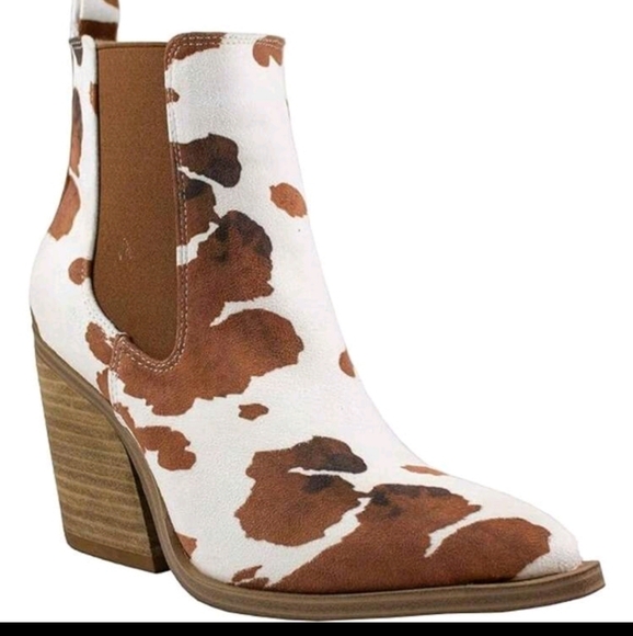 Shoes | New Western Cow Print Block Heel Pointed Toe Slipon Booties ...
